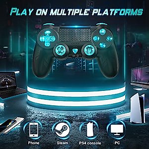 LENISUOLE 2 Pcak LED Wireless Controller for PS-4 Slim/Pro/PC - 6-Axis Gyroscope, Remote Gampad Controller with Turbo Function/Dual Vibration/Audio Jack/Touch Pad - Black(LED Light)
