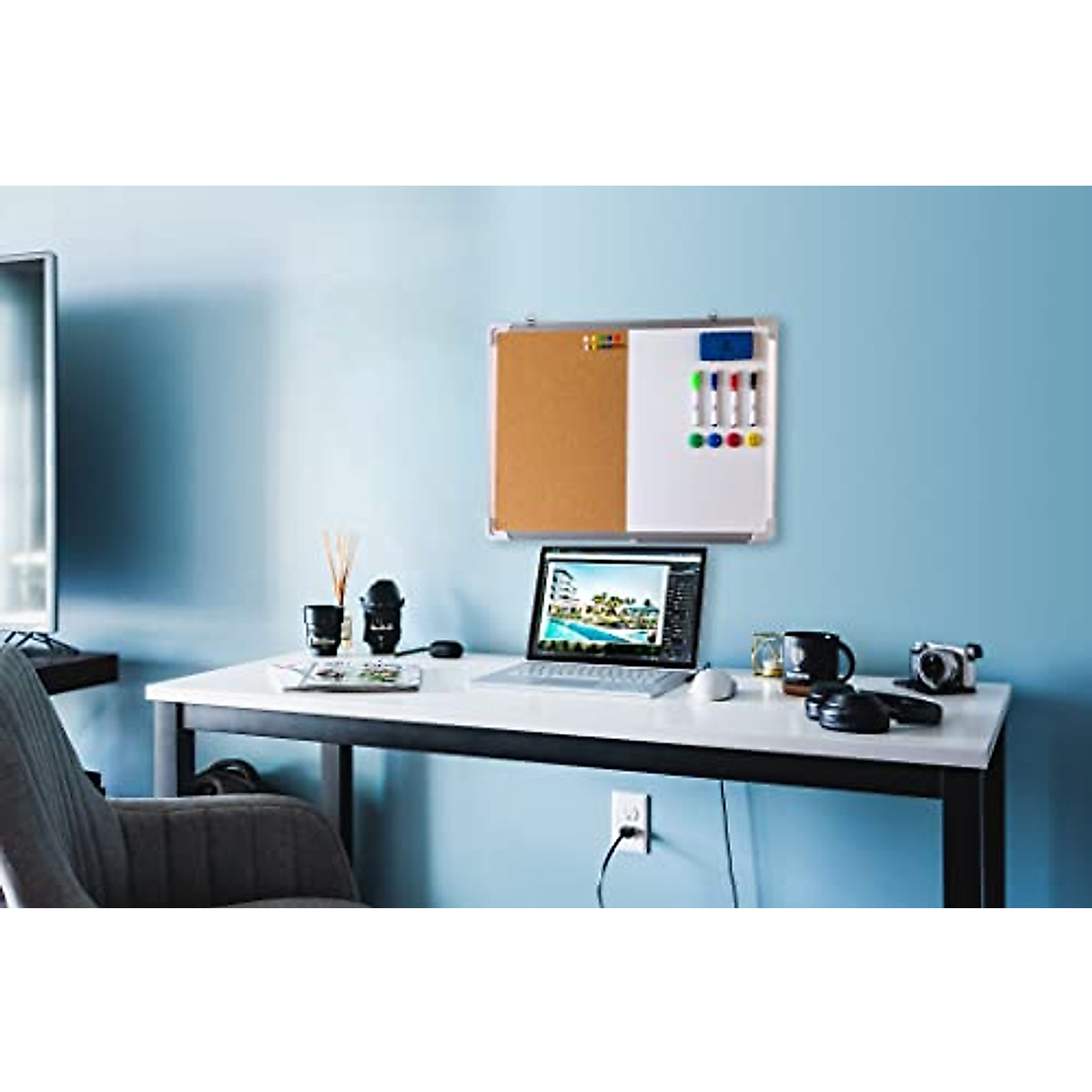 Combination Whiteboard Bulletin Board Set - 24 x 18" Dry Erase/Cork Board with 1 Magnetic Dry Eraser, 4 Markers, 4 Magnets and 10 Thumb Tacks - Small Combo Tack White Board for Home Office Desk