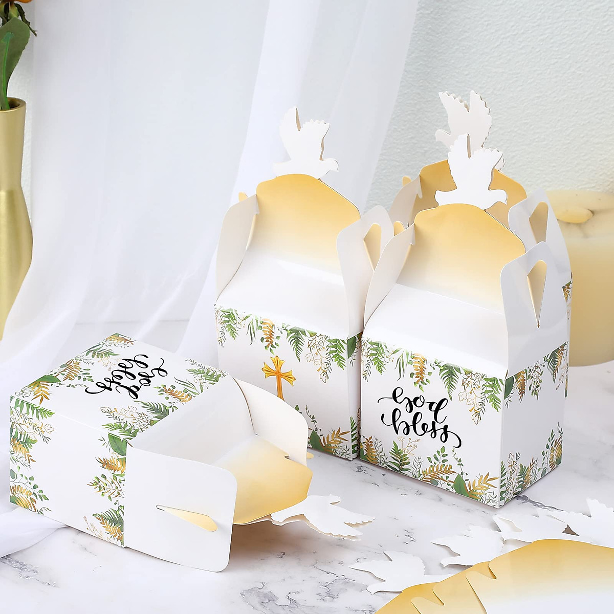 48 Pieces Religious Party Goodie Gable Boxes First Communion Gifts Treat Boxes God Bless Candy Boxes Religious Favor Boxes for Christening Gifts for Girls and Boys Baptism, First Communion, Easter
