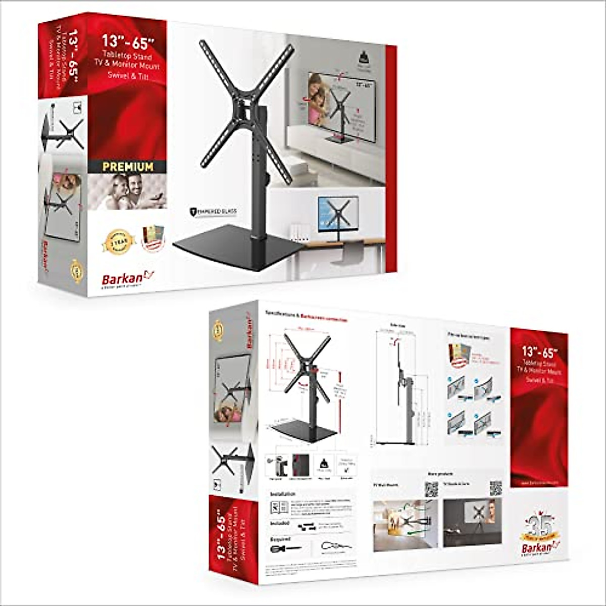 Barkan Tabletop TV Mount, 29-58 inch Swivel & Tilt Flat/Curved TV Stand Base, Holds Up to 55 lbs, Patented, Tempered Glass, 3 Year Warranty, Fits LED OLED LCD, Black (S320.B)