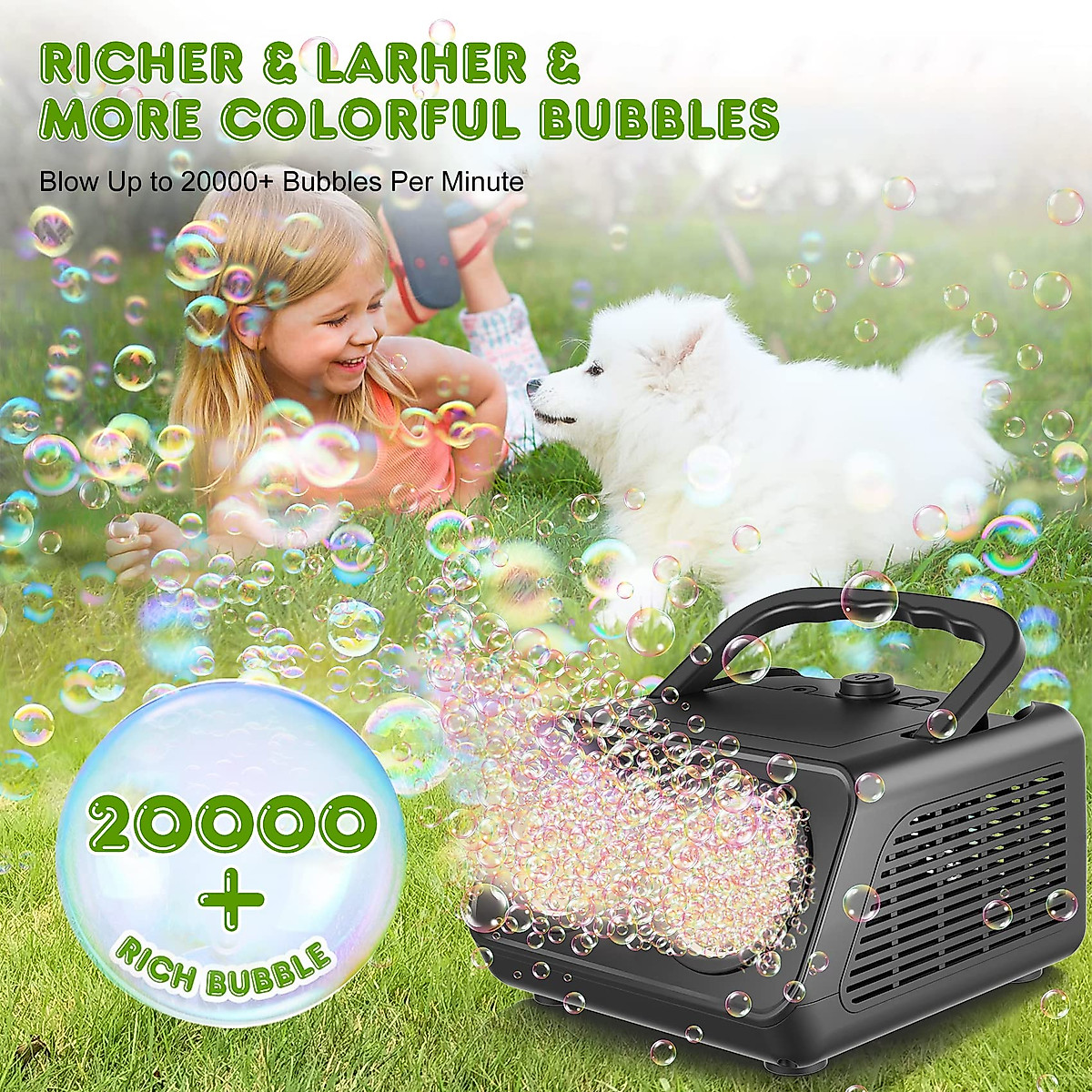 Zerhunt Bubble Machine| 20000+ Bubbles Per Minute Bubble Machine Blaster for Kids| Electric Bubble Blower Maker Operated by Plugin or Batteries| Bubble Toys for Indoor Outdoor Birthday Party（Black）