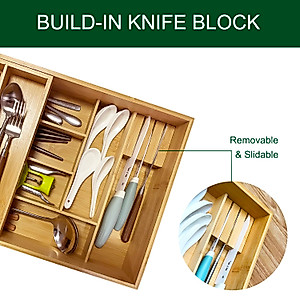 COIWAI Double layer Bamboo Kitchen Drawer Organizer, Utensil Drawer Organizer, Silverware & Cutlery Tray,With Slidable & Removable Utensil Tray,With Knife Holder, Flatware Organizer, Drawer Divider,