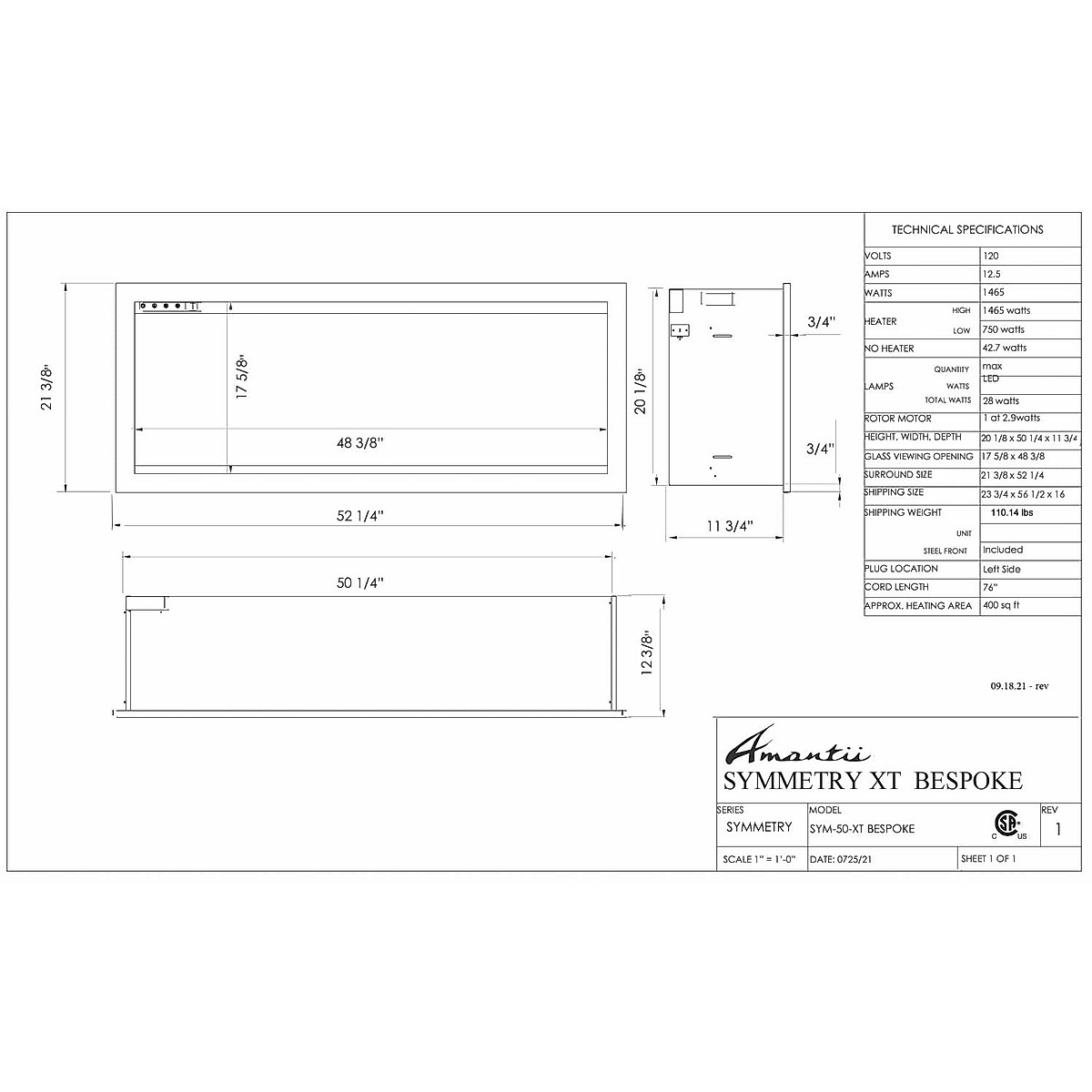 Amantii SYM-50-XT-BESPOKE Symmetry Extra Tall Bespoke 50-inch Indoor/Outdoor Electric Fireplace with Remote, Trim, Drift Log Media, and WiFi/Bluetooth Speaker