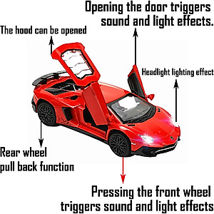 Alloy Collectible Red Lamborghini Car Toy Pull Back Vehicles Diecast Cars Model with Light & Sound