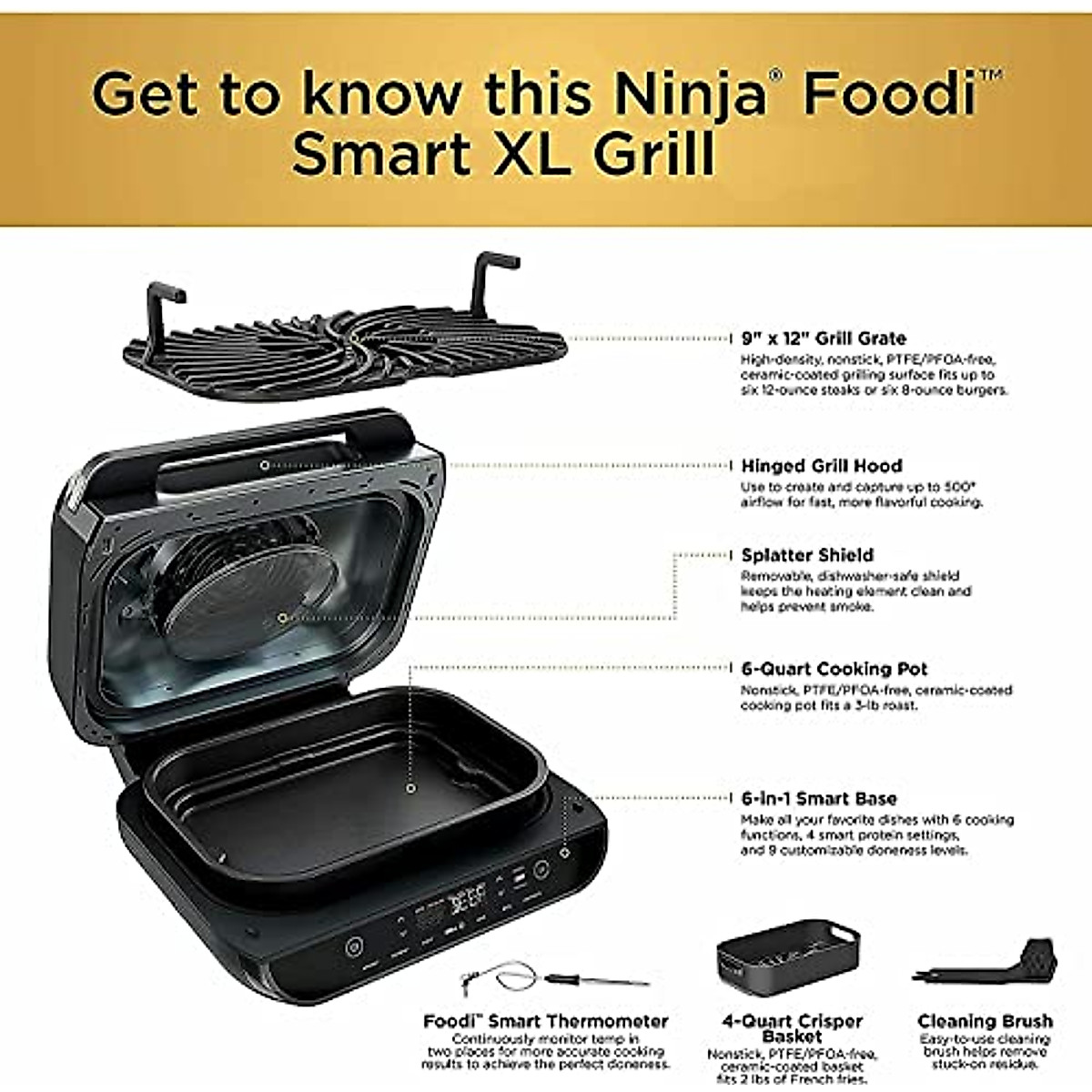 Ninja FG551 Foodi Smart XL 6-in-1 Indoor Grill with 4-Quart Air Fryer Roast Bake Dehydrate Broil and Leave-in Thermometer, with Extra Large Capacity, and a stainless steel Finish (Renewed)