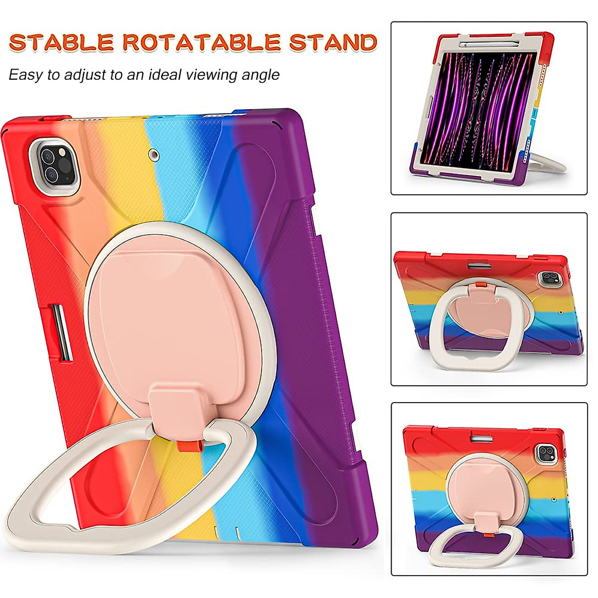 Kids Case for iPad Pro 12.9 Inch 6th/5th/4th/3rd Generation 2022 2021 2020 2018, SCSVPN Shockproof Silicone Protection Cover with Pencil Holder- Rotating Stand/Handle- Shoulder Strap, Colorful Red