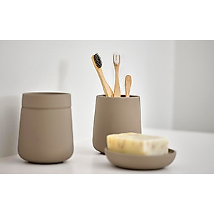 Zone Denmark Nova One Ceramic Storage Box with Lid for Bathroom Utensils such as Cotton Pads & Cotton Buds Diameter 3.3", Height 3.39", Capacity 290 ml,Taupe