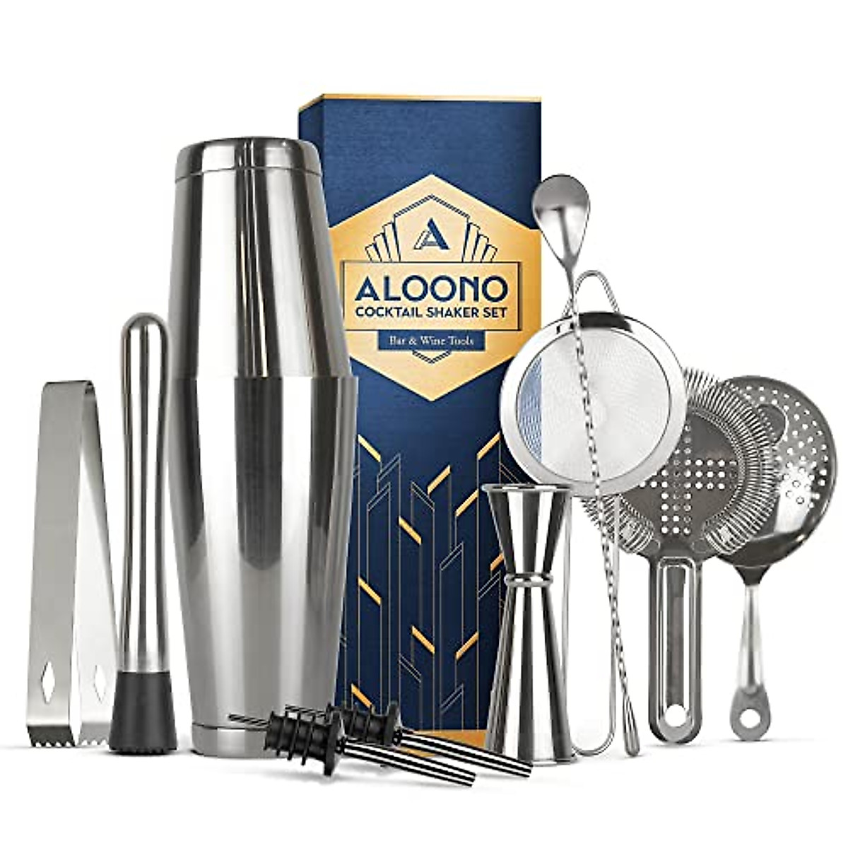 11-Piece Silver Boston Cocktail Shaker Set Bartender Kit | Drink Mixer Bar Set | Cocktail Set Bar Accessories: Martini Shaker, Strainer, Jigger, Muddler, Spoon, & More