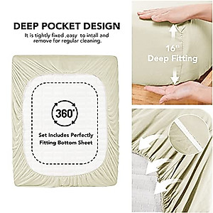 Deconovo Bed Sheets California King Sheet Sets Beige Cal King Microfiber 16" Deep Pocket 1800 Thread Count Luxury Comfort Bedding Silky Soft Touch 4 Pieces Pillowcases Flat Sheet & Fitted Sheet