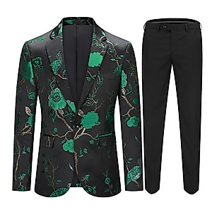 Cloudstyle Mens 2 Piece Floral Dress Suit One Button Dinner Tuxedo Jacket & Pants Green