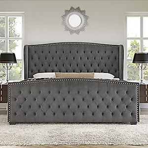 AMERLIFE Queen Size Platform Bed Frame, Velvet Upholstered Bed with Deep Button Tufted & Nailhead Trim Wingback Headboard/No Box Spring Needed/Grey