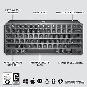 Logitech MX Keys Mini Minimalist Wireless Illuminated Keyboard, Compact, Bluetooth, USB-C, for Apple macOS, iOS, Windows, Linux, Android - Graphite - With Free Adobe Creative Cloud Subscription