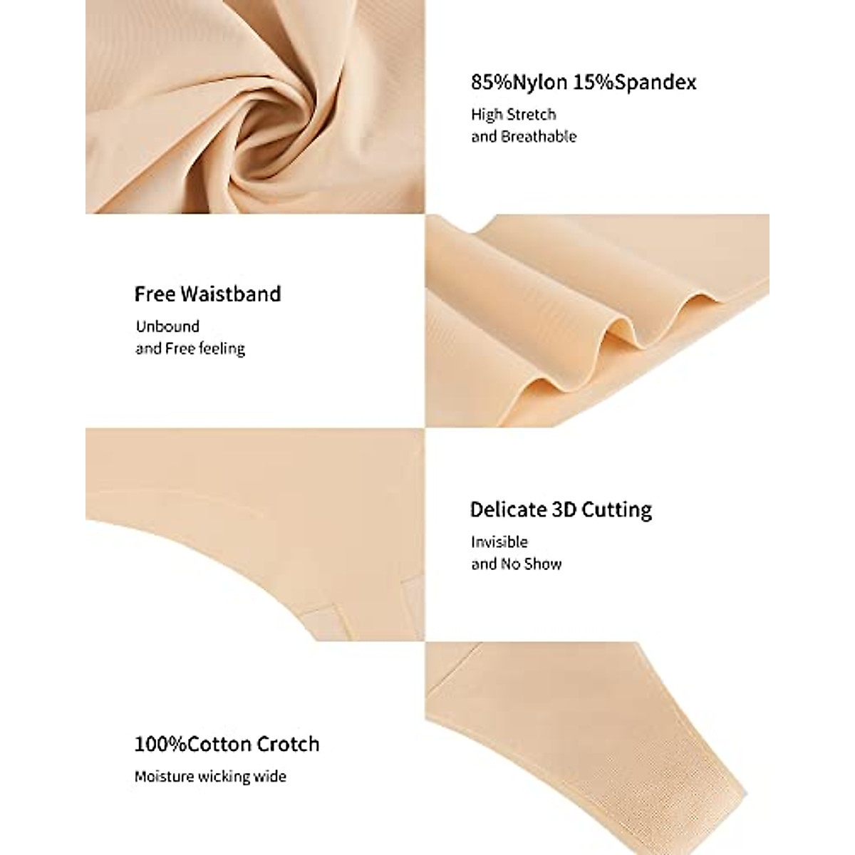 SHARICCA Women Seamless Thong No Show V Shape Strench Underwear Comfortable Invisible Soft Panties 6 Pack (7 Beige-7P08,M)