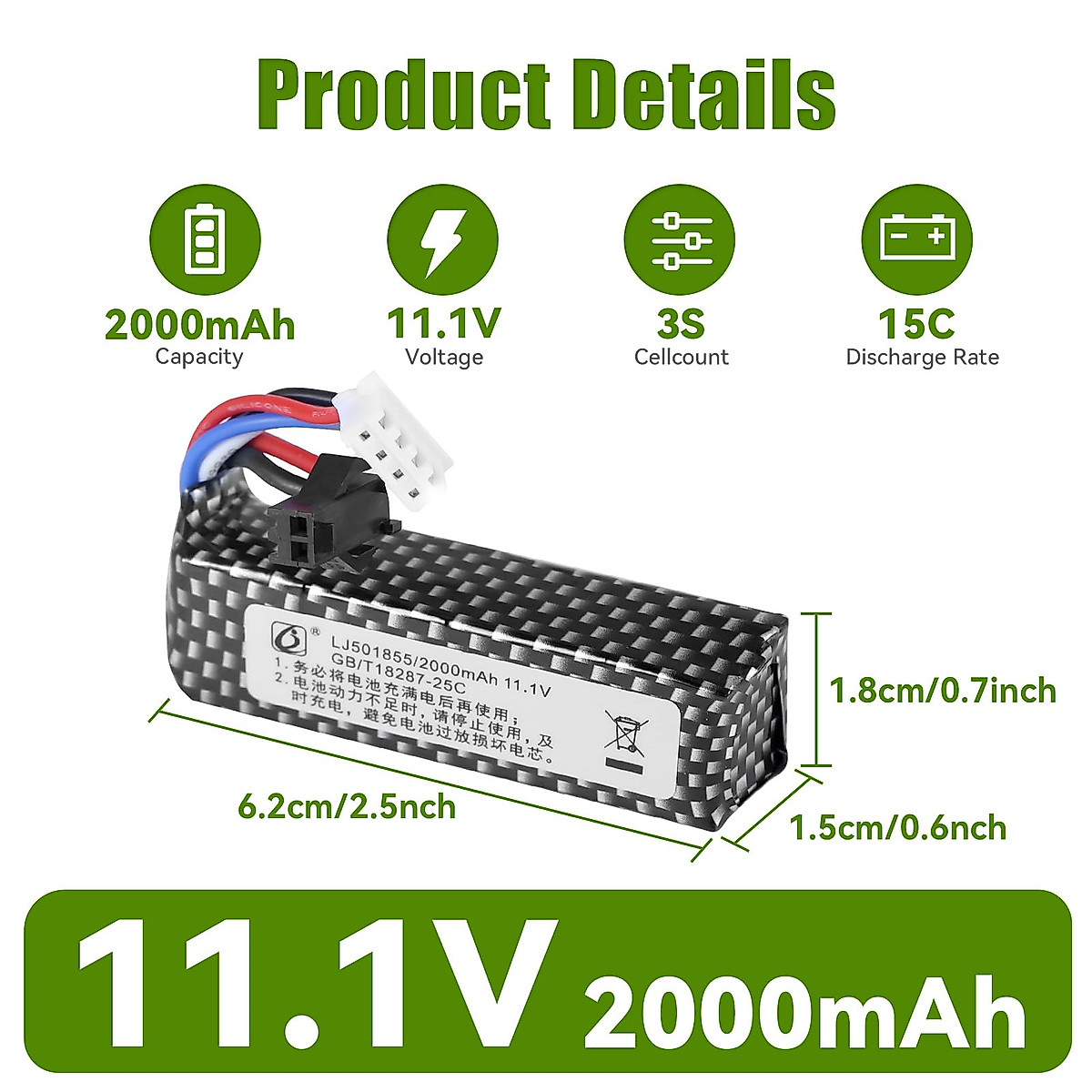 HYF 2 pcs 11.1V 2000mAh 501855 Soft-Gun Toy Rechargeable Li-ion Batteries SM2P Plug with a USB Charging Cable for WPL RES V-3 ESC 1/16 Crawler and Some Water-Gun Toy
