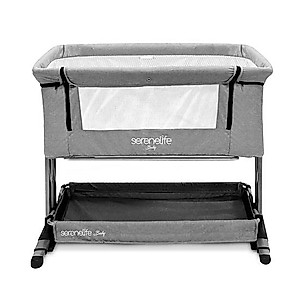 SereneLife Baby Bassinet, Bedside Sleeper for Infant & Newborn, Baby Bed for Safe Co-Sleeping, Easy Folding Portable Crib w/Storage Basket, Adjustable Height, Wheels, All Mesh, w/Travel Bag (Grey)