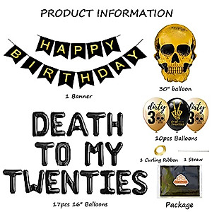 Geloar DEATH TO MY TWENTIES 30th Birthday Party Supplies, DEATH TO MY TWENTIES Balloons Happy Birthday Banner for RIP Twenties 20s RIP Youth Men Women Dirty 30 Funny 30th Bday Decor Set of 31 PCS