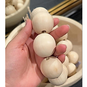 72" Long Large Wood Bead Garland with 1.6" Diameter Chunky Wooden Beads, Farmhouse Rustic Country Boho Wooden Beads Garland for Home Tiered Tray Decor, Wood Decorative Beads with Tassels