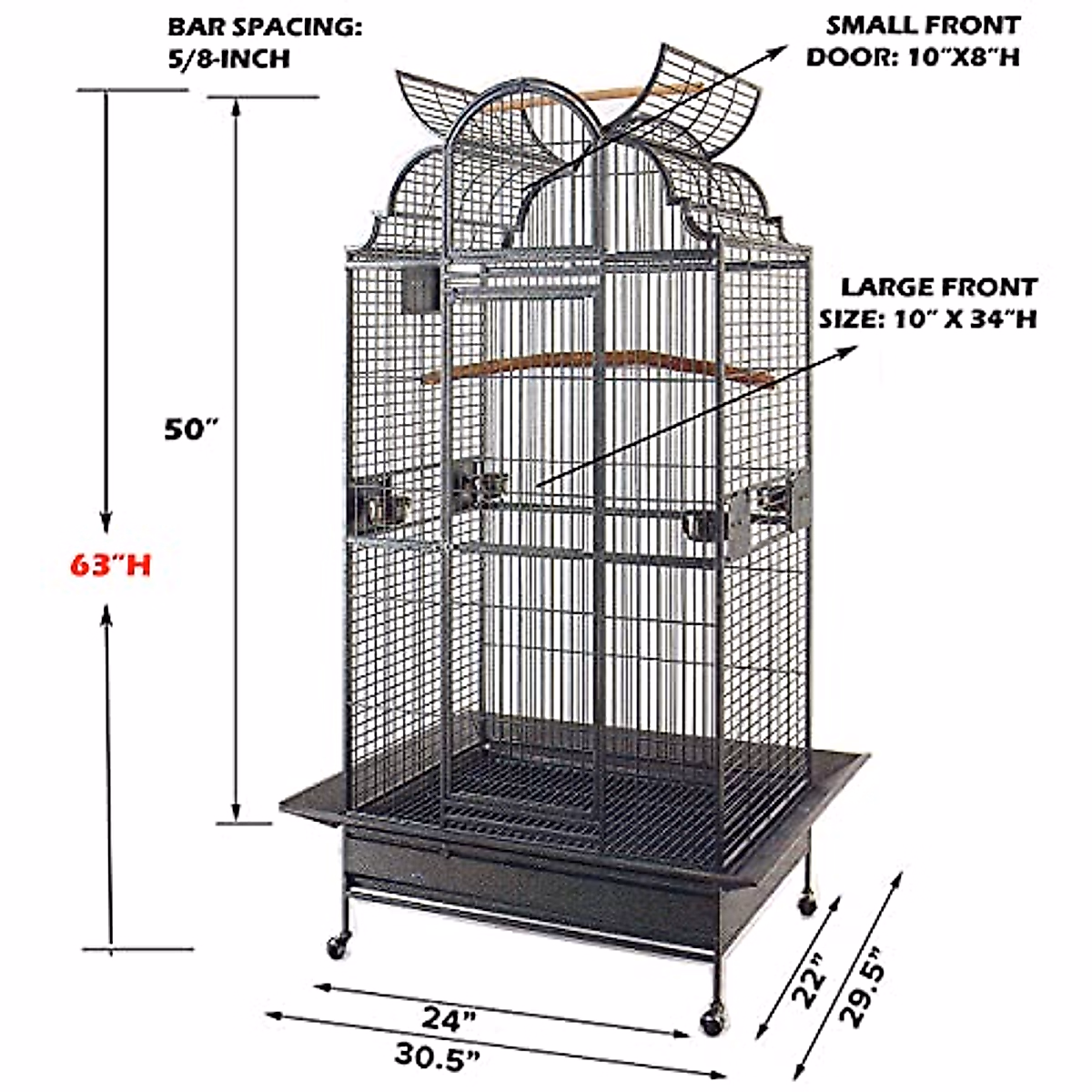 Large Elegant Wrought Iron Open Dome Play Top Bird Parrot Cage, Include Metal Seed Guard Solid Metal Feeder Nest Doors