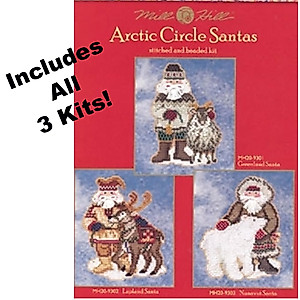 Mill Hill Arctic Circle Santa Set (2009) Set of 3 Beaded Cross Stitch Kits Including Greenland, Lapland and Nunavut Santas, Plus Decorative 'Needleworker' Sticker