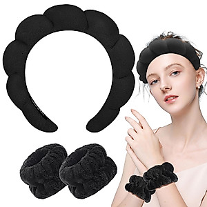 Zkptops Spa Headband for Washing Face Wristband Sponge Makeup Skincare Headband Terry Cloth Bubble Soft Get Ready Hairband for Women Girl Puffy Padded Headwear Non Slip Thick Hair Accessory(Black)