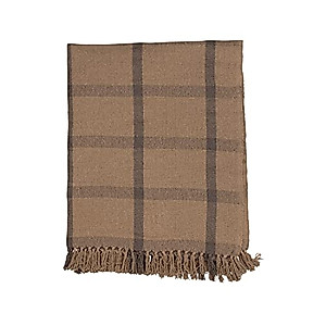 Bloomingville Recycled Cotton Blend Woven Plaid and Tassels Blanket Throw, Semi Double, Tan