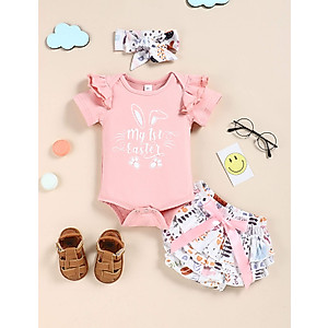 My 1st Easter Outfit Newborn Baby Girl Bunny Letters Romper Ruffle Floral Shorts set (Pink, 0-3 Months)