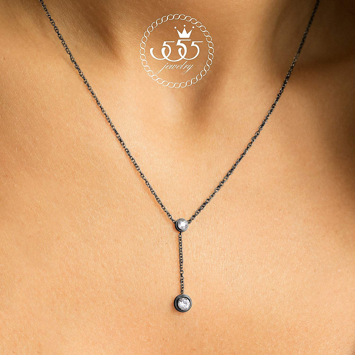 555Jewelry Womens Stainless Steel Metal Charming Lariat Style Y Droplet Cable Chain Brilliant Drop Round CZ Layered Hypoallergenic Fashion Jewelry Accessory Pendant Necklace, Black 18 Inch