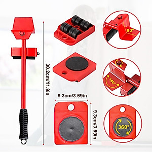 Furniture Lift Mover Tool Set, Furniture Movers with Adjustable Height Lifting Tool Lever & 4 Wheels, Furniture Lifter Moving Sliders for Moving Heavy Furniture, Refrigerator, Sofa, Cabinet (Red)