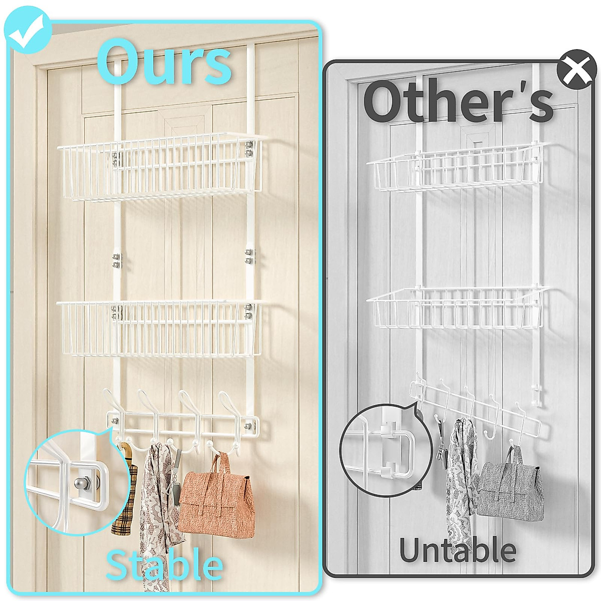 Over The Door Hooks Organizer,Door Hanger Door Storage with 2 Baskets,Over The Door Towel Rack Coat Hooks with 12 Hooks,for Bathroom,Bedroom,Kitchen,Office,Apartment(White)