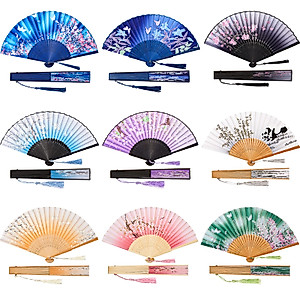 Jetec 9 Pieces Floral Folding Hand Fans Chinese Style Bamboo Folding Fan Handheld Fabric Folding Fan with Tassel Vintage Pattern Hand Fan Hollowed Bamboo Hand Holding Fan, 8.3 Inch (Assorted styles)
