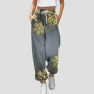 Black of Friday Deals 2023,Ugly Print Womens Wide Leg Sweatpants Christmas Print Drawstring Workout Active Joggers Christmas Tree Print Lounge Running Sweatpants Grey XL