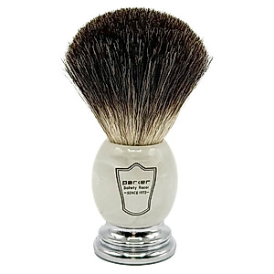 Parker 100% Black Badger Bristle Shaving Brush with Ivory Marbled Handle - Brush Stand Included