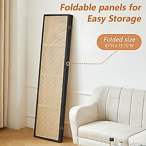 Leesinwing Wood Room Divider, 4 Panels Room Dividers and Folding Privacy Screens, Hand-Woven Rattan Room Divider Wall Freestanding Room Partitions Screen for Home Office Bedroom, Black