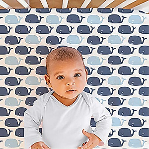 The Peanutshell Nautical Fitted Crib Sheet Set for Baby Boys or Girls - 4 Pack Nursery Set - Solid Blue, Whale Theme, & Waves