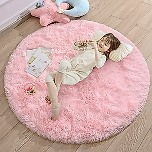 Merelax Pink Round Rug for Girls Room, 4'x4' Fluffy Circle Rugs for Teen Girls Princess Castle Cute Nursery Rug for Kids Room, Furry Shaggy Rug for Dorm Bedroom, Fuzzy Plush Circular Carpet for Baby