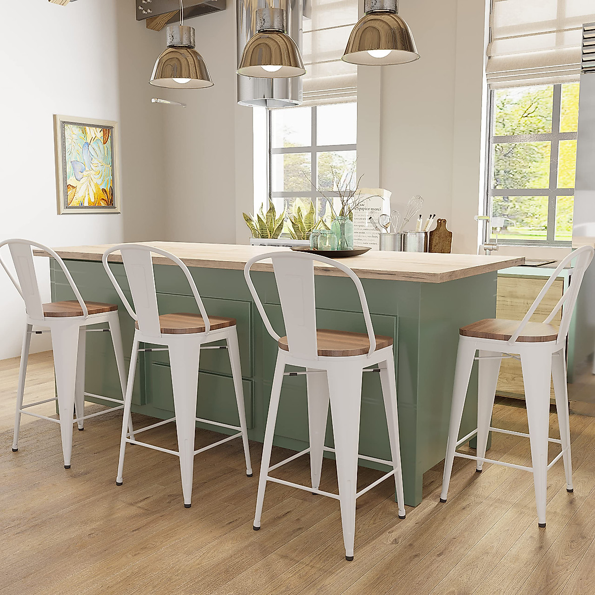 Aklaus Metal Bar Stools Set of 4, 24 inch Counter Height Bar Stools with Backs, Farmhouse Style, Larger Seat, High Back Kitchen Dining Chairs, Cream White Stool