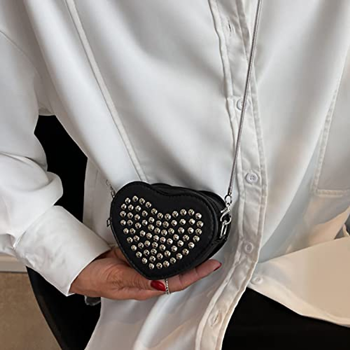 Cute Heart Shaped Mini Crossbody Bags for Women Girls Small Round Purse PU Leather Mini Shoulder Bag with Bling Rivets & Chain Strap (Black,Heart Shaped)