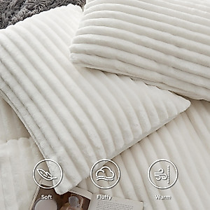 Bedsure Fluffy Duvet Cover Set - Ultra Soft Plush Shaggy Comforter Cover Queen Size, Warm Flannel Fleece Bed Sets for Winter, 3 Pieces, 1 Duvet Cover & 2 Pillowcases (Striped Pattern, Coconut White)