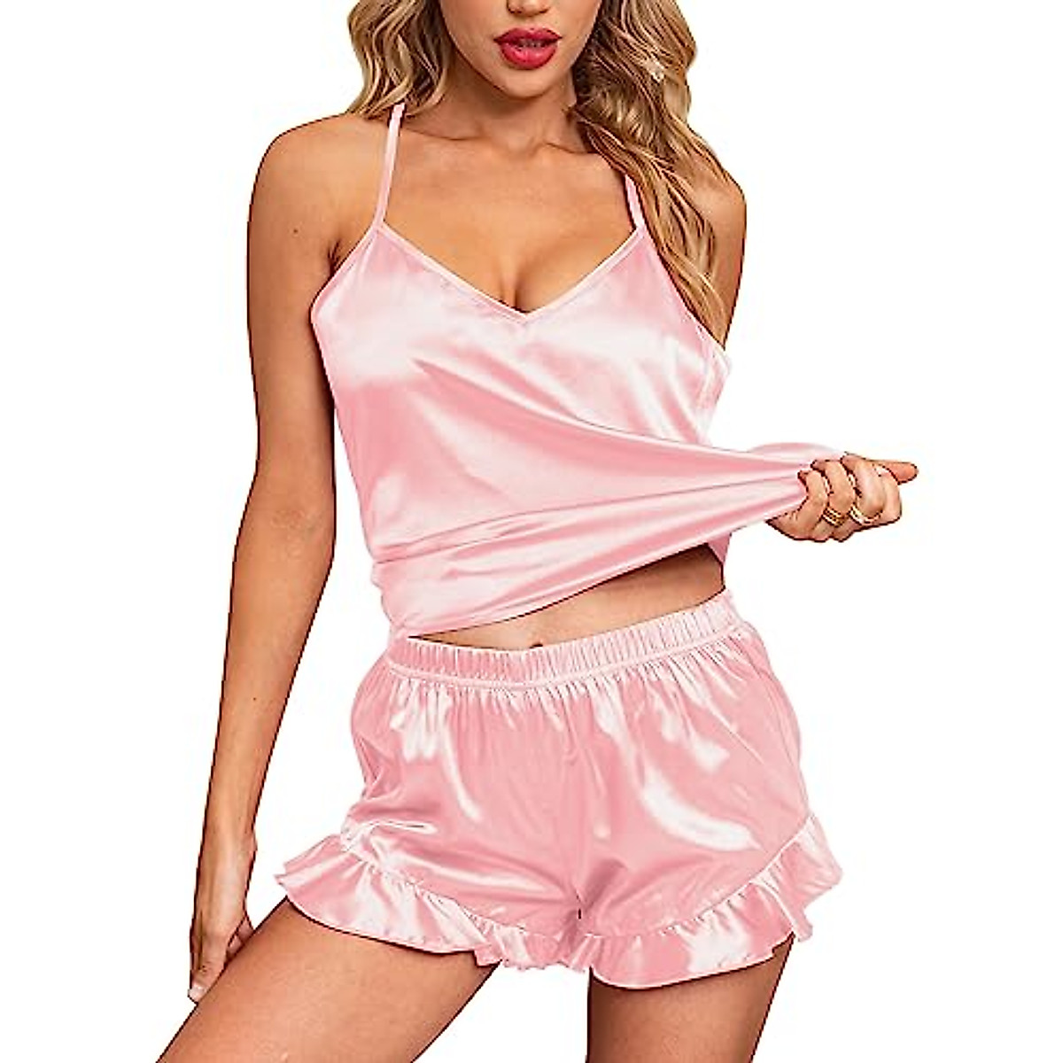 FERDAT Women's Silk Pajamas Set Satin Ruffle Lingerie 2 Piece Pjs Cami Top and Shorts Sleepwear Pink