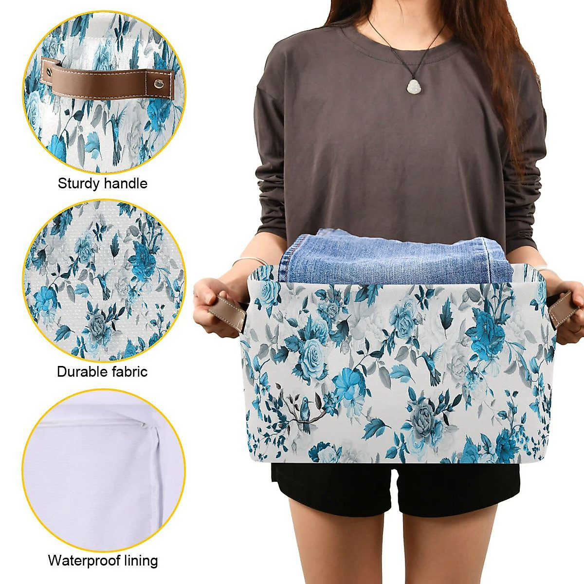 Blue Floral Leaves Hummingbird Storage Basket Spring Birds Flowers Home Storage Organizer Box Bin Large Collapsible Cube Baskets with PU Handles for Shelf Closet Nursery Laundry 2 Pack