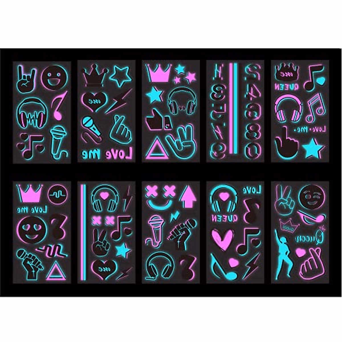 Konsait 10 Sheets Glow In The Dark Tattoos for Kids Adults, Safe and Easy to Use Neon Temporary Music Tattoos, Music Notes UV Blacklight Tattoos, Glow In The Dark Party Makeup Supplies Party Favors