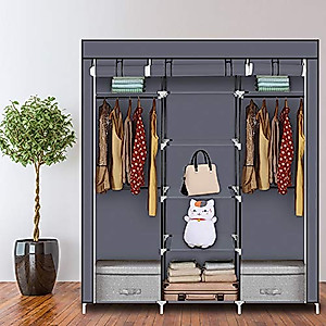 Portable Clothes Closet Non-Woven Fabric Wardrobe Double Rod Storage Organizer 69" - Gray
