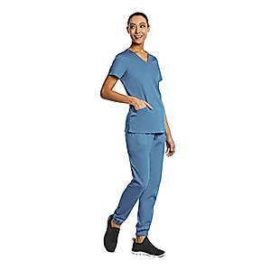 V-Neck Jogger Scrubs for Women Set 7 Pocket 4-Way Stretch Elements EL9935 (Ceil Blue, Medium)