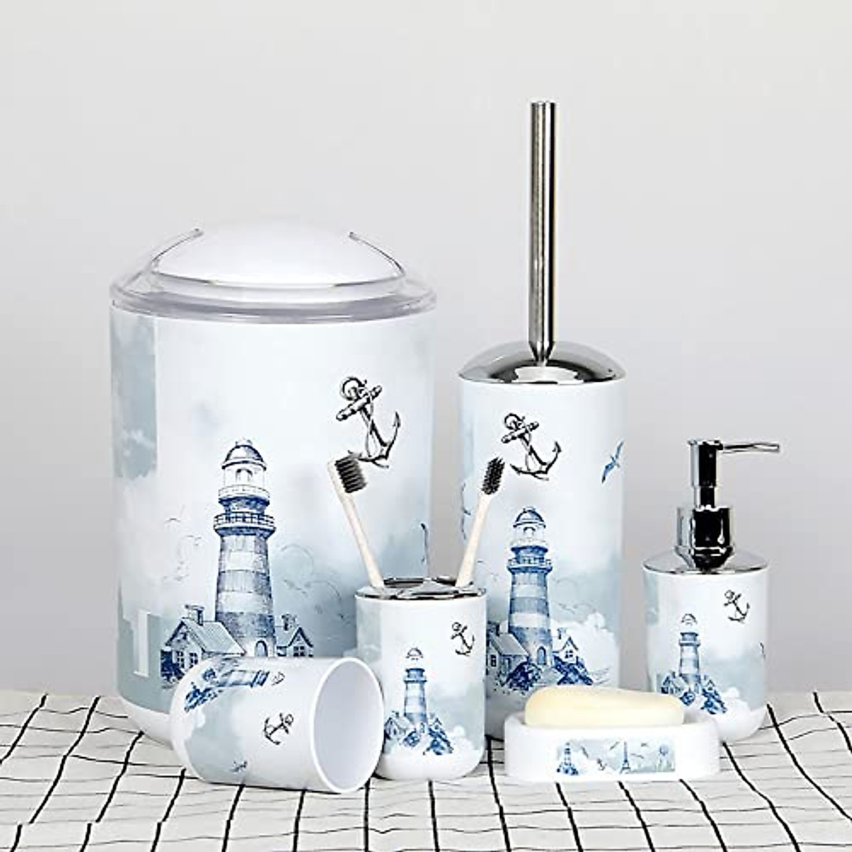 Bathroom Accessories Set 6 Pcs, Soap Dispenser Soap Dish Toothbrush Cup Toothbrush Holder Toilet Brush Trash Can, Bathroom Decor for Home Washing Room