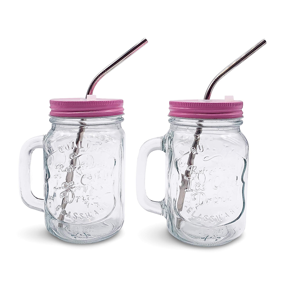 Home Suave Mason Jar Mugs with Handle, Regular Mouth, Colorful Lids with 2 Reusable Stainless Steel Straw, Set of 2 (Pink), Kitchen Glass 16 oz Jars,Refreshing Ice Cold Drink & Dishwasher Safe