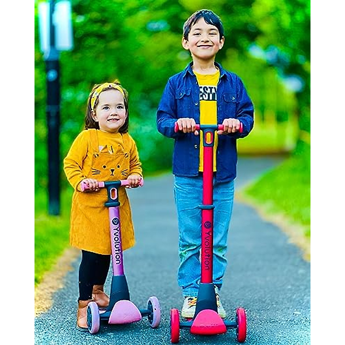 Yvolution Y Glider Nua | Three Wheel Foldable Kick Scooter for Kids with Storage Accessory for Children Ages 3+ Years (Blue)