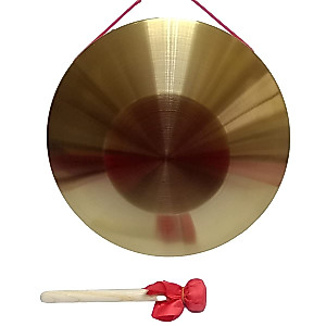 RUIMIMI Gong Instrument with 16.4 inch(42cm),Chinese Traditional Percussion Instrument Brass Gong with Wooden Mallet and Red Hanging Ribbon for Home Office Celebration