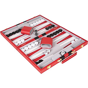 Backgammon Set 15 inch, Medium - Classic Board Game for Adults and Kids with Premium Leather Case - Includes Strategy & Tip Guide (Red)