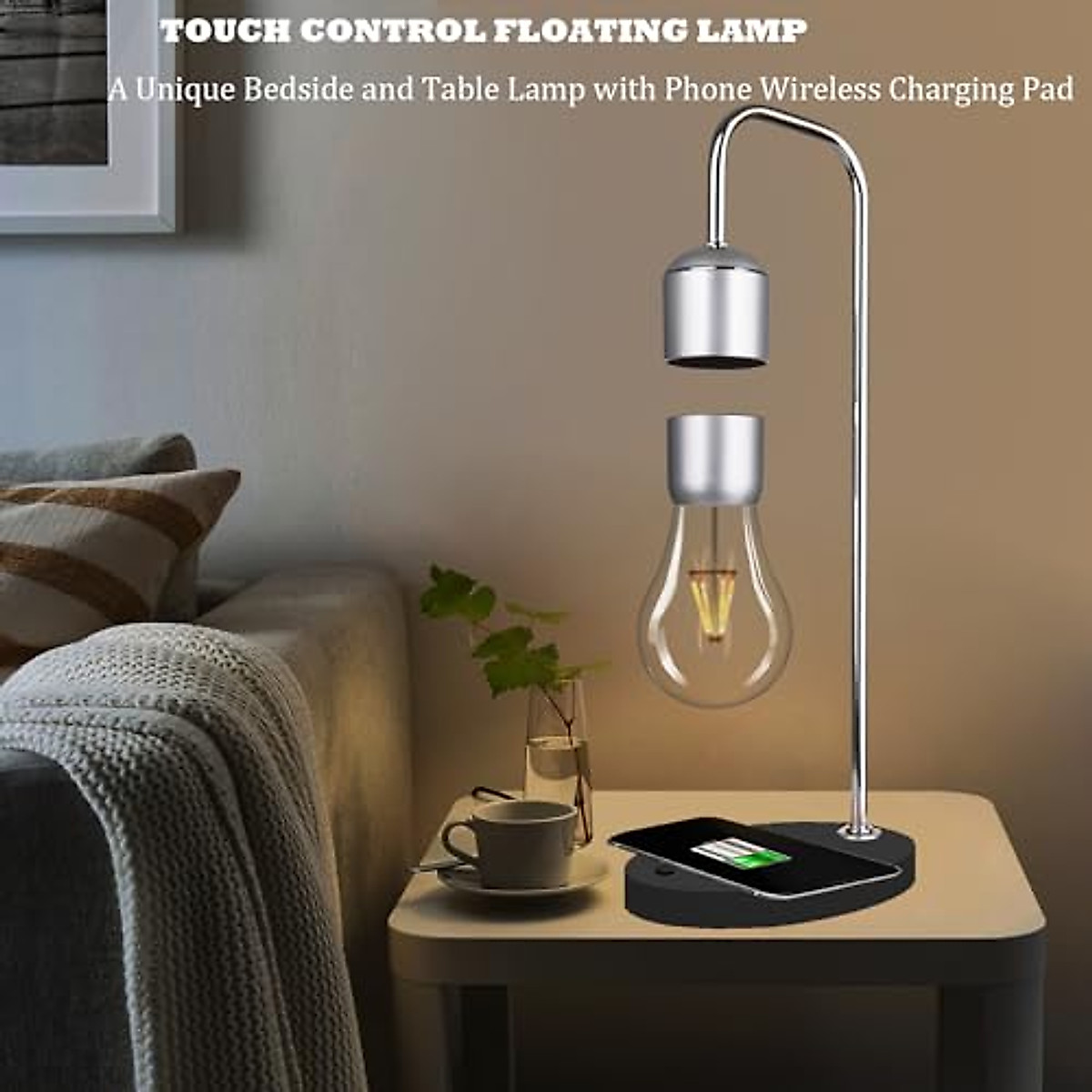 FloatGo Magnetic Levitating Lamp with Wireless Phone Charging Pad for iPhone Pro Max Floating Light Bulb LED Night Light Table Lamp Levitation Desk Lamp for Home Decoration Christmas Gift