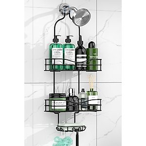 DAOYA Bathroom Shower Caddy Hanging - Shower Organizer Hanging 3-Tier with Soap Holder & 6 Hooks for Towels, Sponge, Shower Caddy over Shower Head Fits 21mm Shower Head Arm, Black